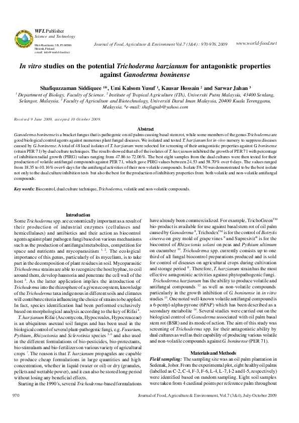 (PDF) In vitro studies on the potential Trichoderma harzianum for antagonistic properties ...