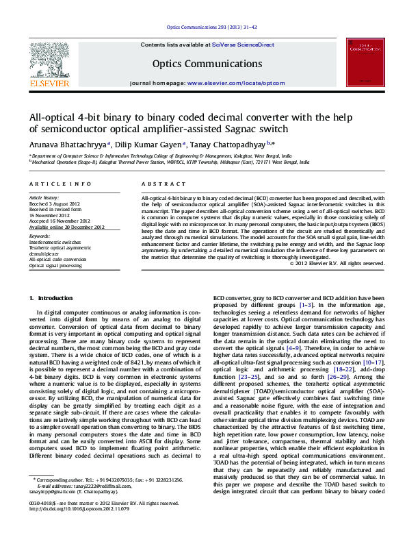 (PDF) All-optical 4-bit binary to binary coded decimal converter with the help of semiconductor ...
