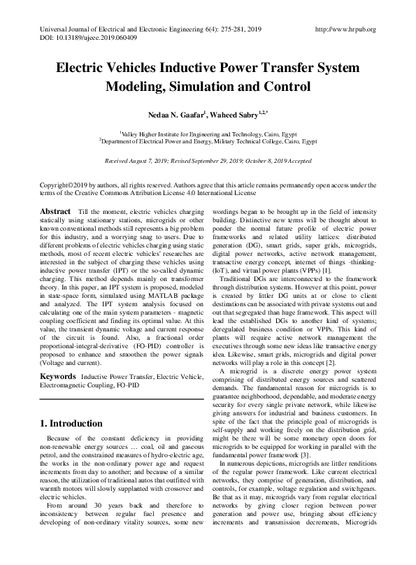 (PDF) Electric Vehicles Inductive Power Transfer System Modeling, Simulation and Control