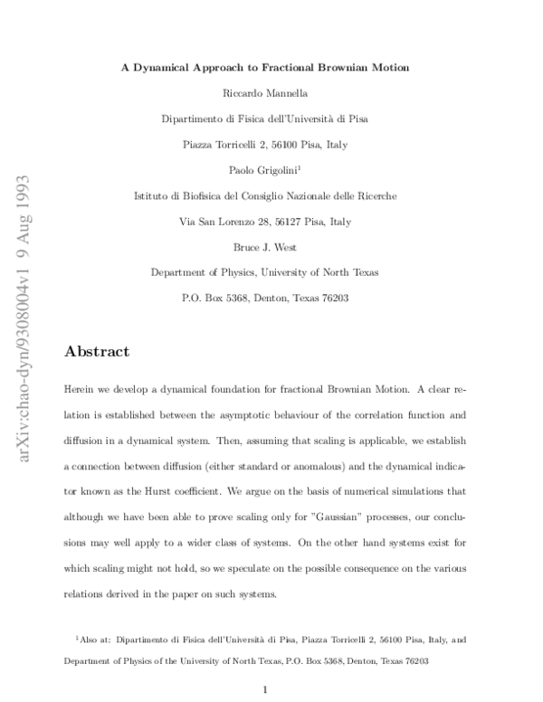 (PDF) A Dynamical Approach to Fractional Brownian Motion