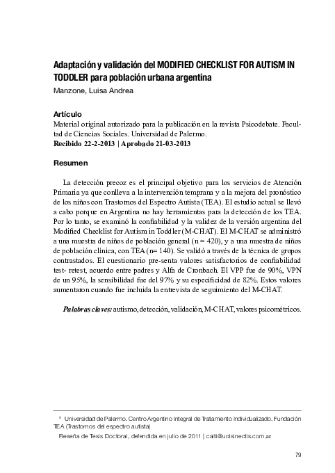 (PDF) Adaptación y validación del MODIFIED CHECKLIST FOR AUTISM IN ...