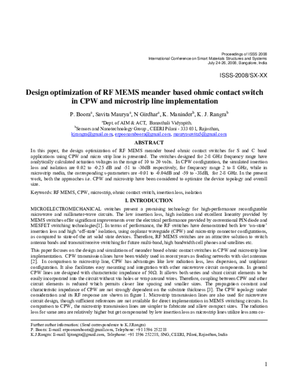 Pdf Design Optimization Of Rf Mems Meander Based Ohmic Contact Switch In Cpw And Microstrip