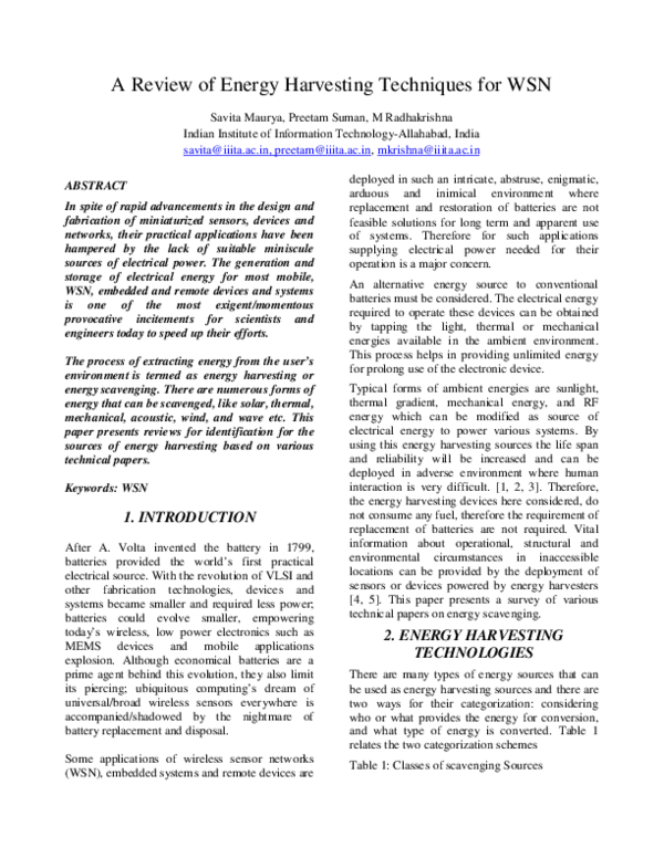 (PDF) A Review of Energy Harvesting Techniques for WSN
