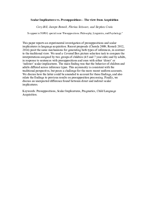 (PDF) Scalar Implicatures vs. Presuppositions – The view from Acquisition | Stephen Crain ...
