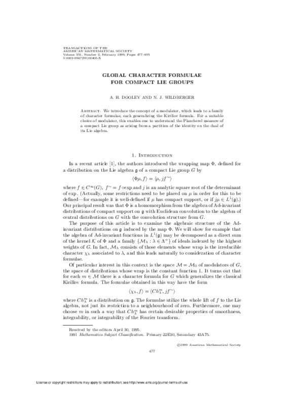 (PDF) Global Character Formulae for Compact Lie Groups
