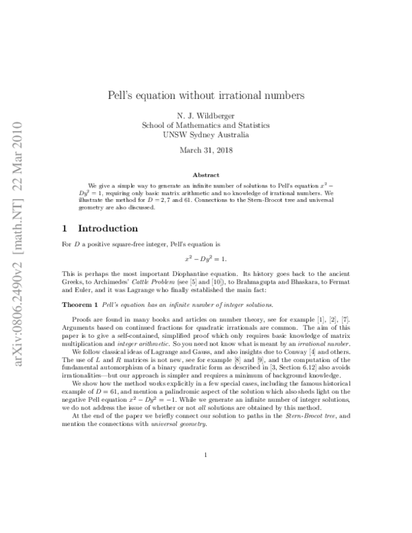 (PDF) Pell's equation without irrational numbers