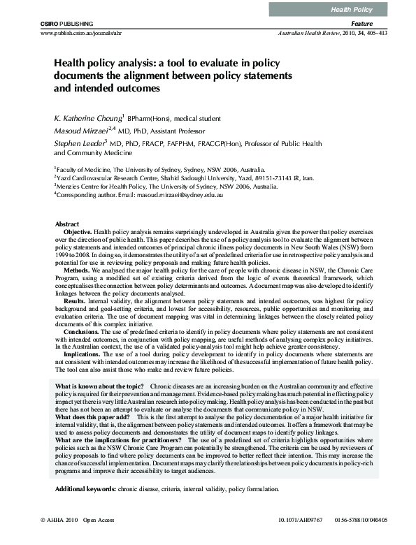 (PDF) Health policy analysis: a tool to evaluate in policy documents ...