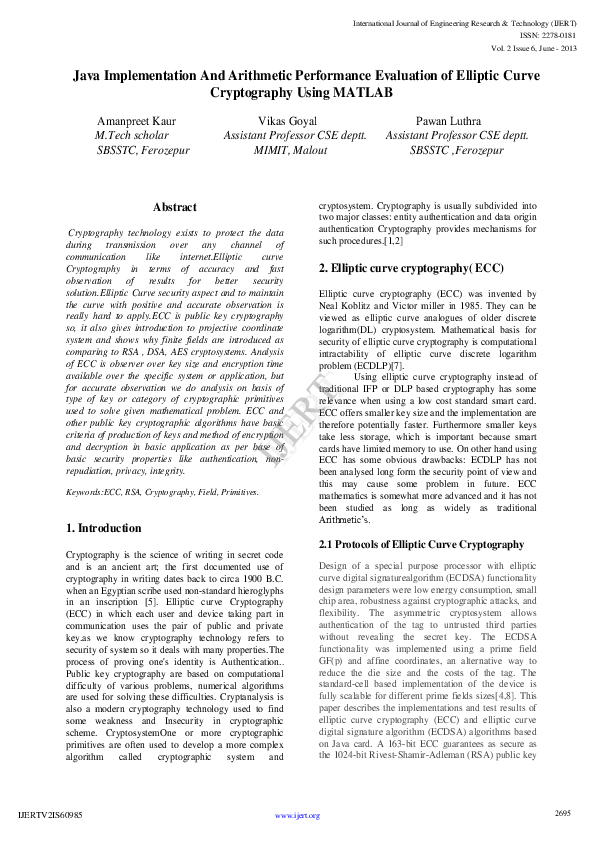 (PDF) Java Implementation And Arithmetic Performanceevaluationof Elliptic Curve Cryptography ...