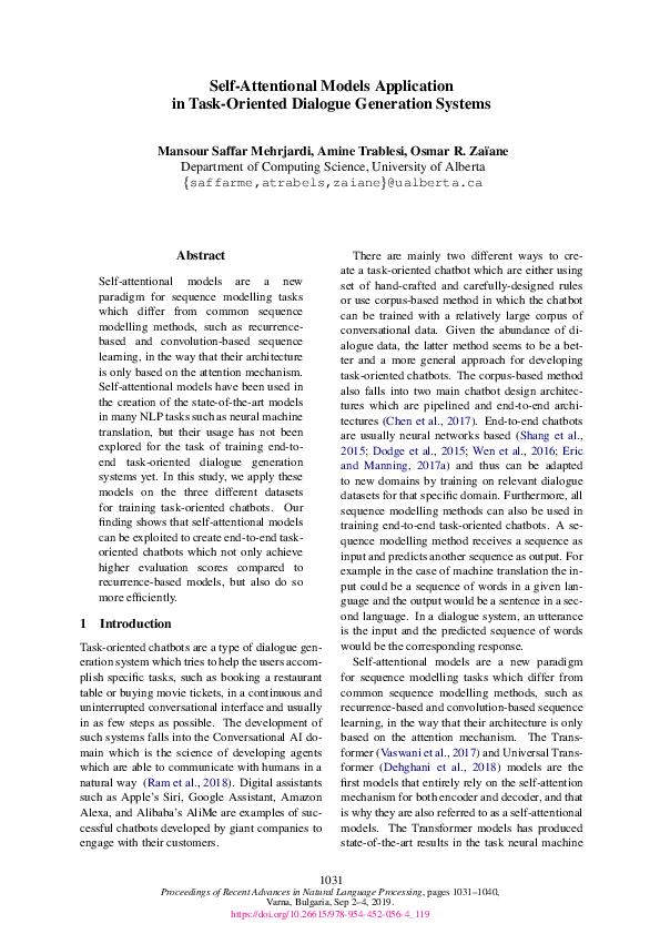 (PDF) Self-Attentional Models Application in Task-Oriented Dialogue Generation Systems