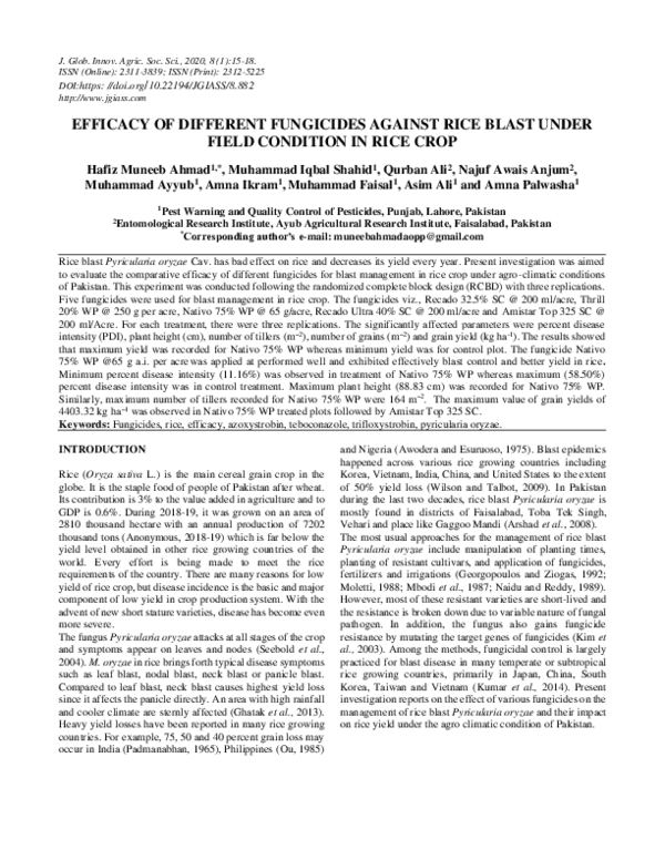 (PDF) Efficacy of Different Fungicides Against Rice Blast Under Field Condition in Rice Crop