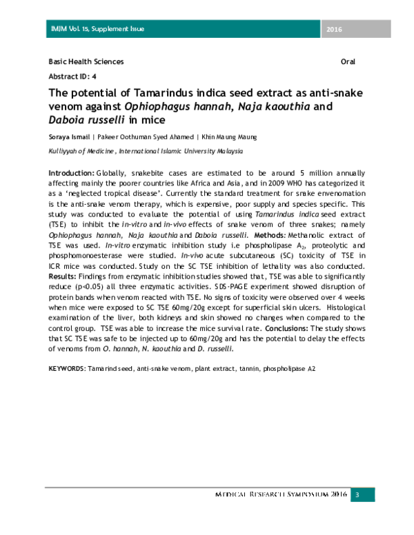 (PDF) The potential of Tamarindus indica seed extract as anti-snake ...