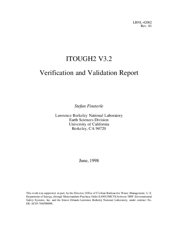 (PDF) ITOUGH2 V3.2 verification and validation report