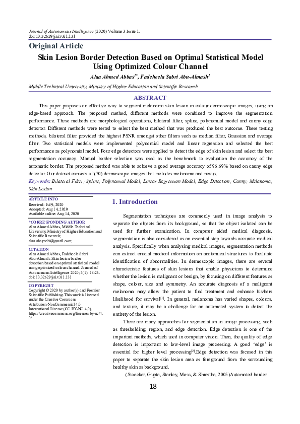 (PDF) Skin Lesion Border Detection Based on Best Statistical Model Using Optimal Colour Channel