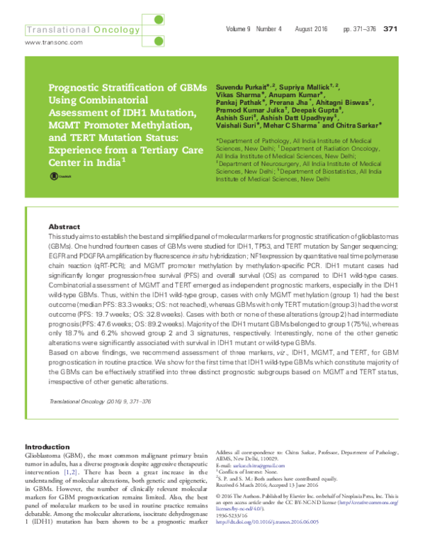 (PDF) Prognostic Stratification of GBMs Using Combinatorial Assessment of IDH1 Mutation, MGMT ...