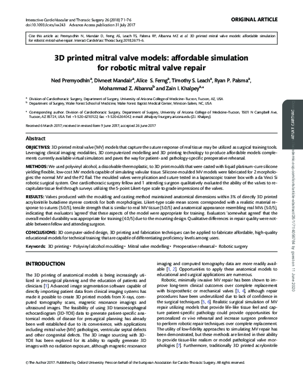 (PDF) 3D printed mitral valve models: affordable simulation for robotic ...