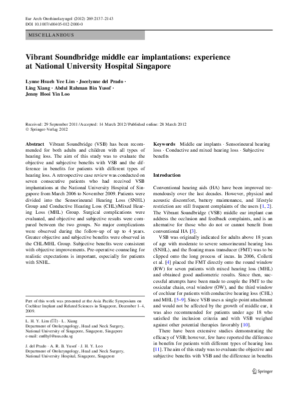 (PDF) Vibrant Soundbridge middle ear implantations: experience at ...