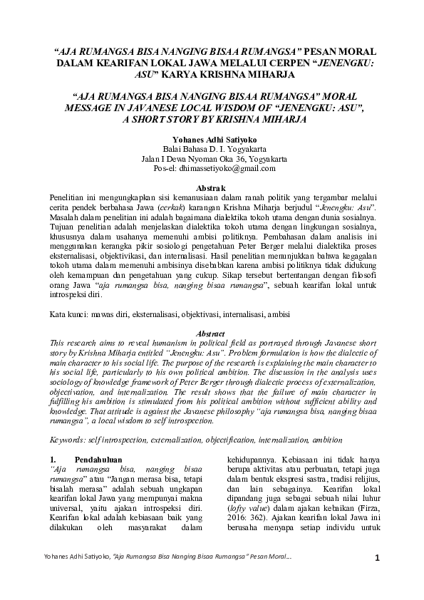 (PDF) “Aja Rumangsa Bisa Nanging Bisaa Rumangsa” Pesan Moral Dalam ...
