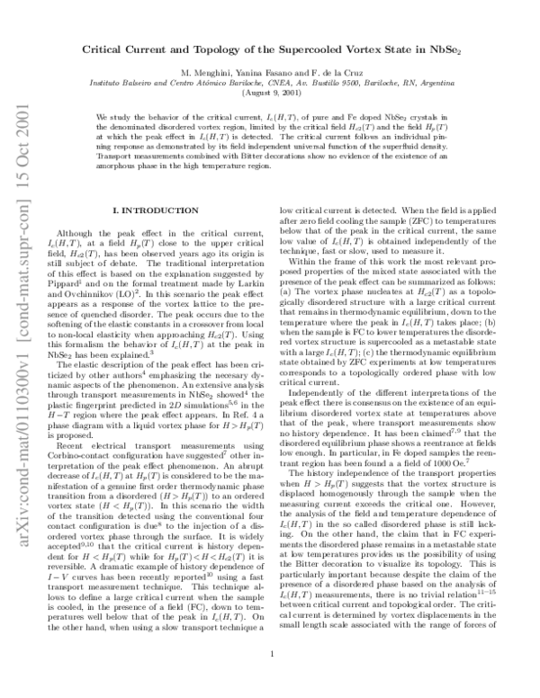 (PDF) Critical current and topology of the supercooled vortex state in ...
