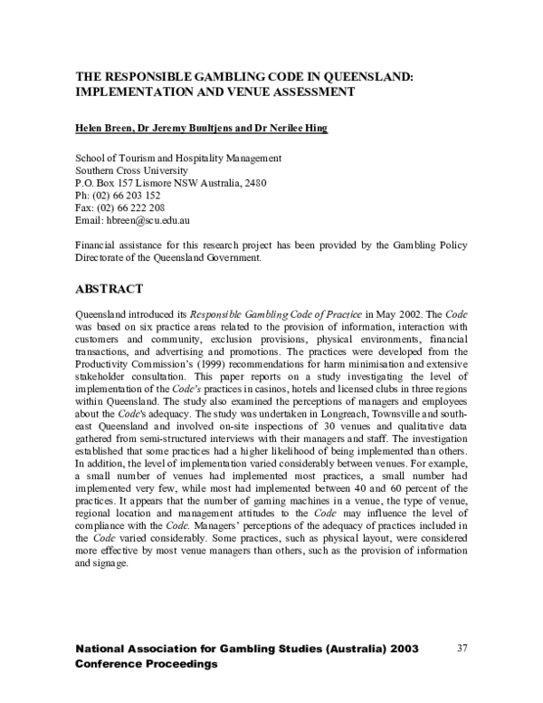 (PDF) The Responsible Gambling Code in Queensland: Implementation and ...