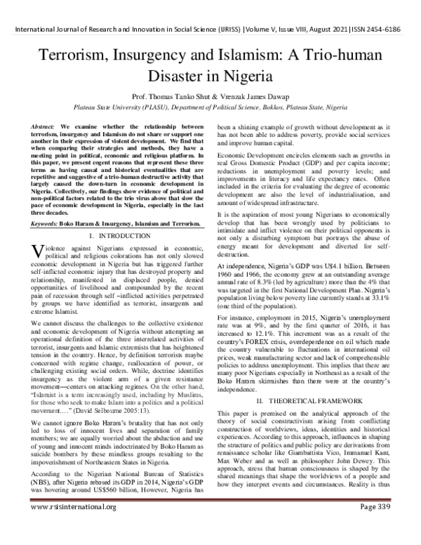(PDF) Terrorism, Insurgency and Islamism: A Trio-human Disaster in Nigeria