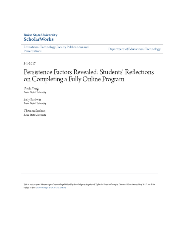 (PDF) Persistence factors revealed: students’ reflections on completing a fully online program
