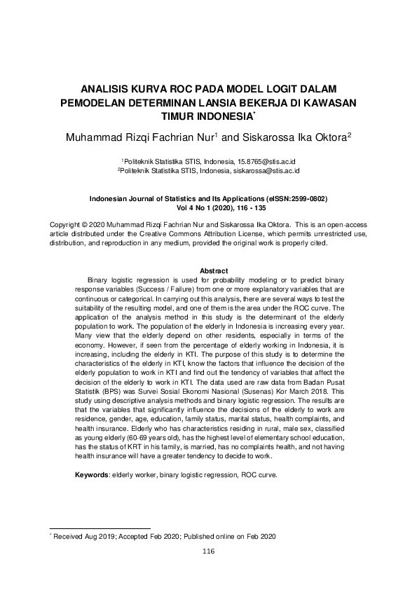 (PDF) Analisis Kurva Roc Pada Model Logit Dalam Pemodelan Determinan Lansia Bekerja DI Kawasan ...