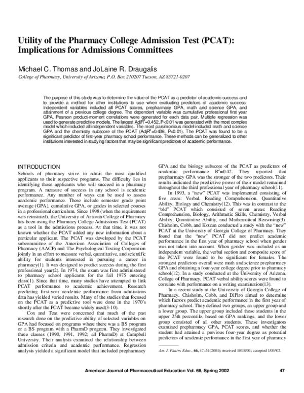 (PDF) Utility of the Pharmacy College Admission Test (PCAT ...