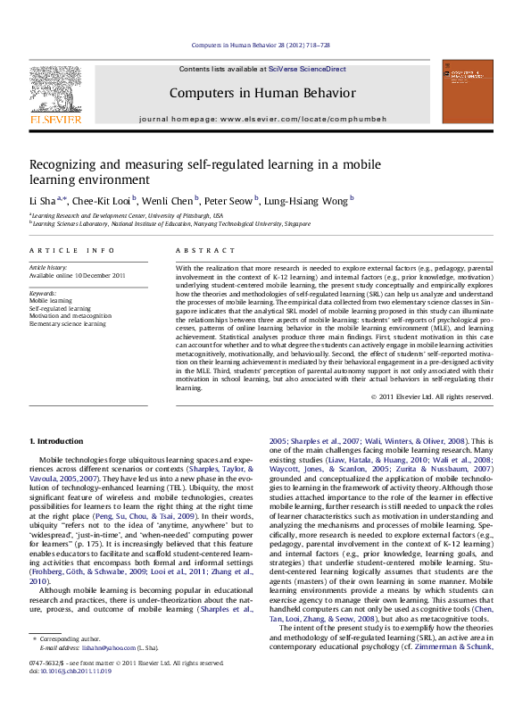 (PDF) Recognizing and measuring self-regulated learning in a mobile learning environment
