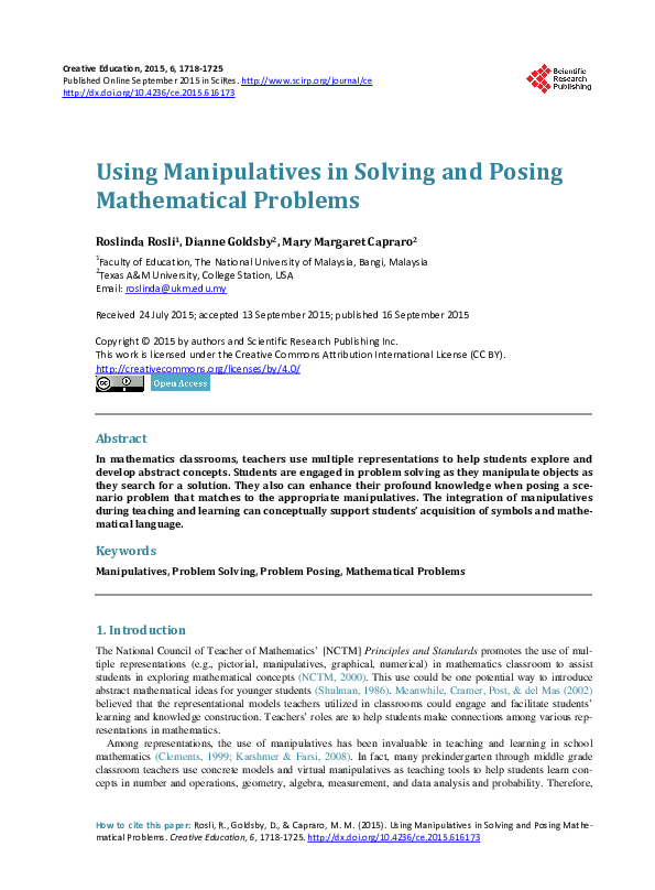 (PDF) Using Manipulatives in Solving and Posing Mathematical Problems