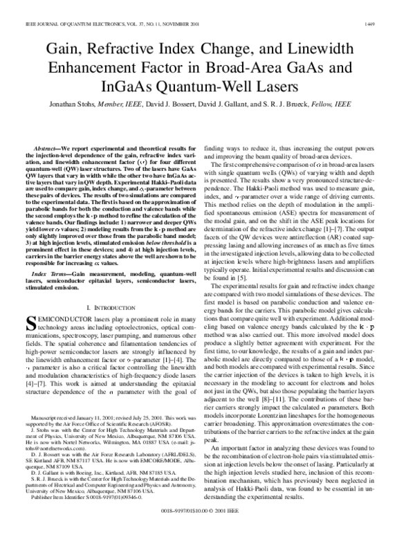 (PDF) Gain, refractive index change, and linewidth enhancement factor in broad-area GaAs and ...