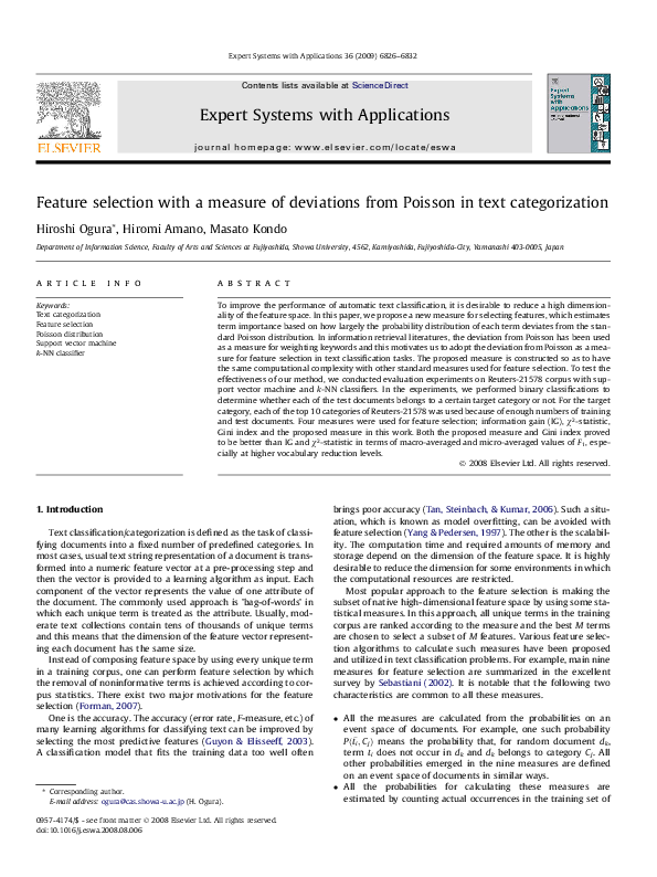 (PDF) Feature selection with a measure of deviations from Poisson in text categorization