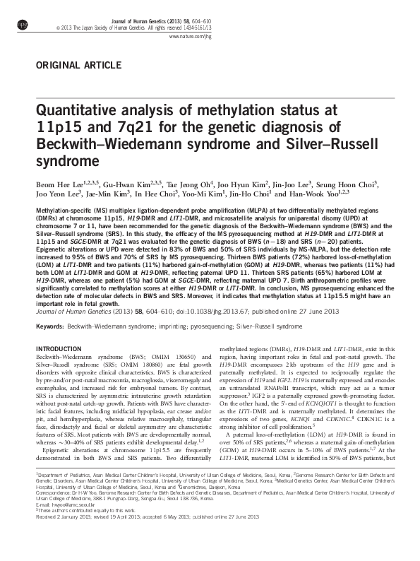 (PDF) Quantitative analysis of methylation status at 11p15 and 7q21 for ...