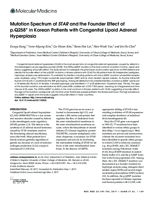 (PDF) Mutation Spectrum of STAR and a Founder Effect of the p.Q258* in ...