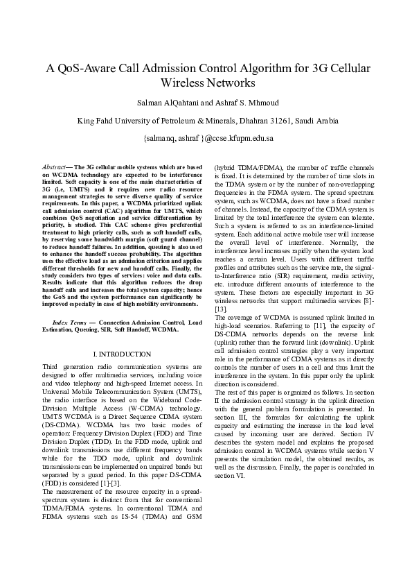 Pdf A Qos Aware Call Admission Control Algorithm For 3g Cellular Wireless Networks Salman