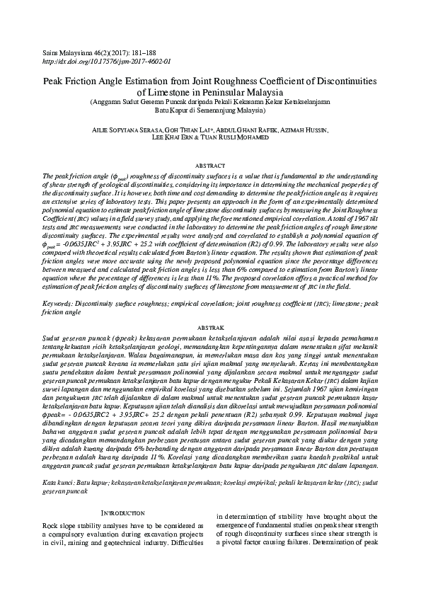 (PDF) Peak Friction Angle Estimation from Joint Roughness Coefficient ...