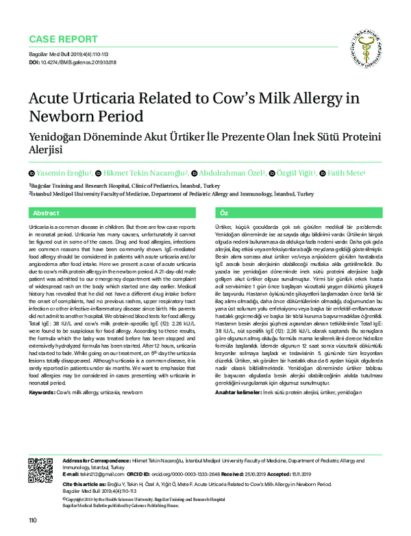 (PDF) Acute Urticaria Related to Cow’s Milk Allergy in Newborn Period