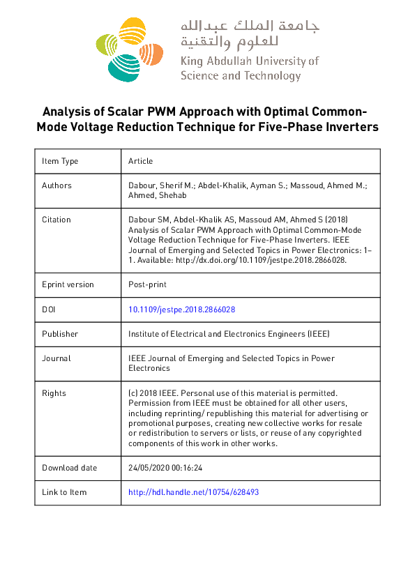 Pdf Analysis Of Scalar Pwm Approach With Optimal Common Mode Voltage Reduction Technique For