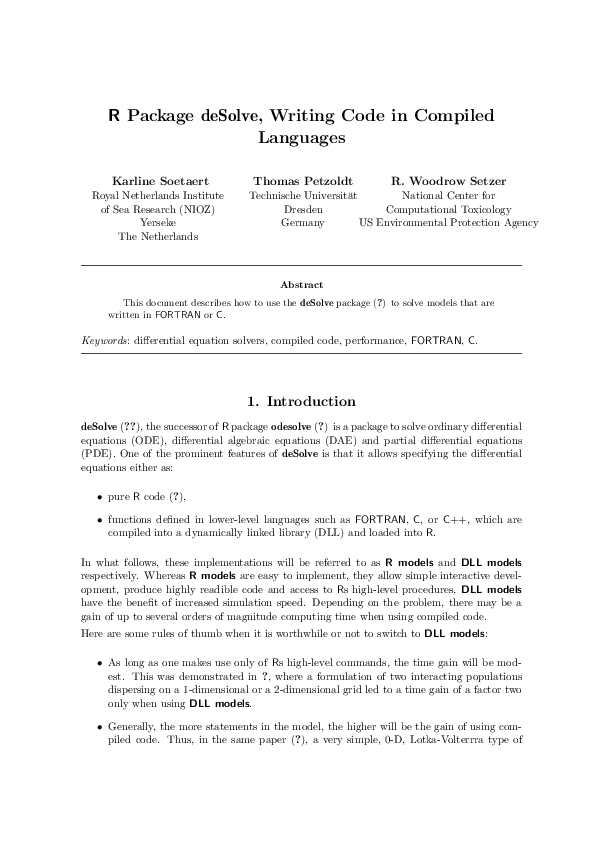 (PDF) R Package deSolve, Writing Code in Compiled Languages
