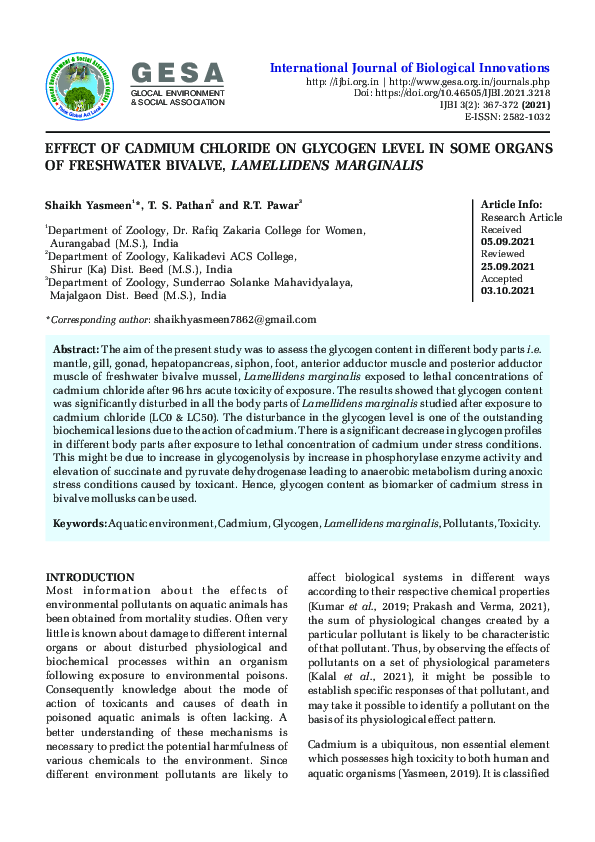 (PDF) Effect of cadmium chloride on glycogen level in some organs of ...