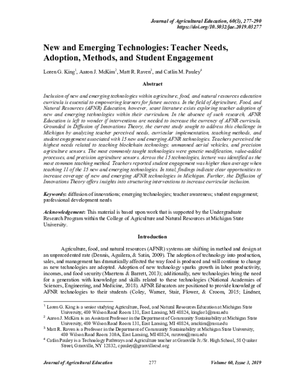 (PDF) New and Emerging Technologies: Teacher Needs, Adoption, Methods, and Student Engagement