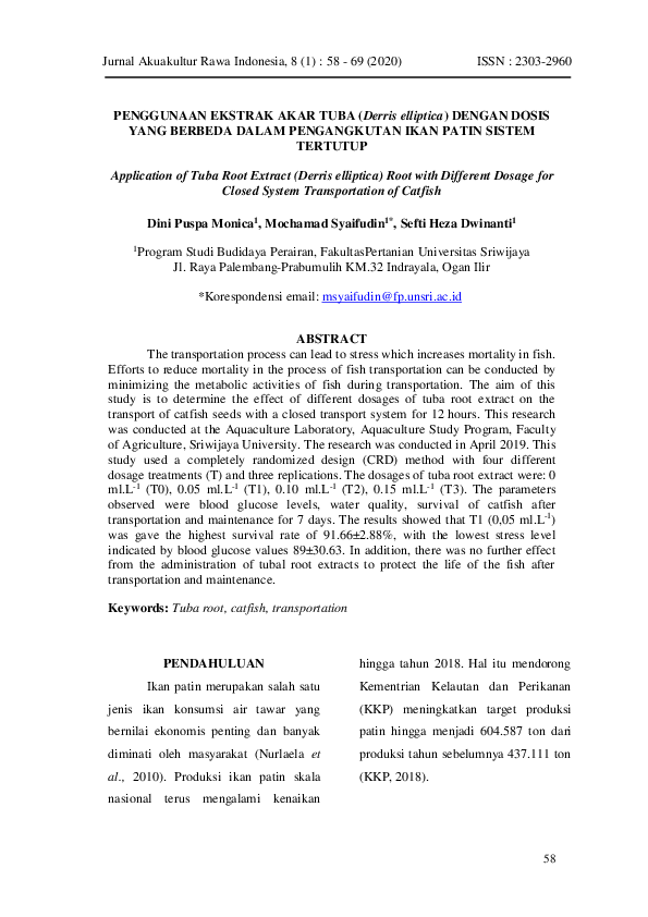 (PDF) PENGGUNAAN EKSTRAK AKAR TUBA (Derris elliptica) DENGAN DOSIS YANG ...