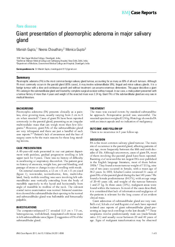 (PDF) Giant presentation of pleomorphic adenoma in major salivary gland