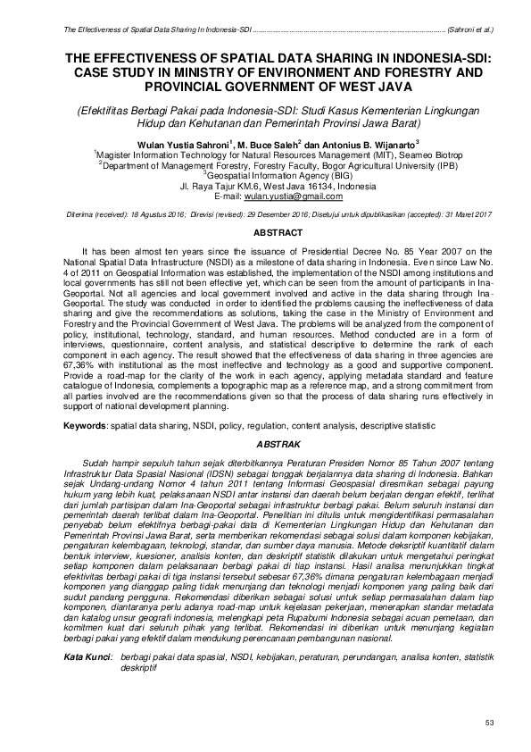 (PDF) The Effectiveness of Spatial Data Sharing in Indonesia-Sdi: Case Study in Ministry of ...