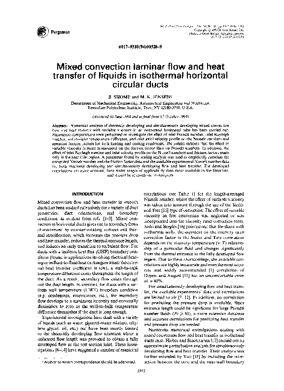 (PDF) Mixed convection laminar flow and heat transfer of liquids in isothermal horizontal ...