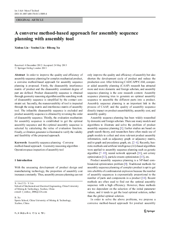 Pdf A Converse Method Based Approach For Assembly Sequence Planning With Assembly Tool