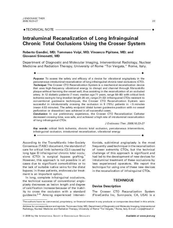 (PDF) Intraluminal Recanalization of Long Infrainguinal Chronic Total ...