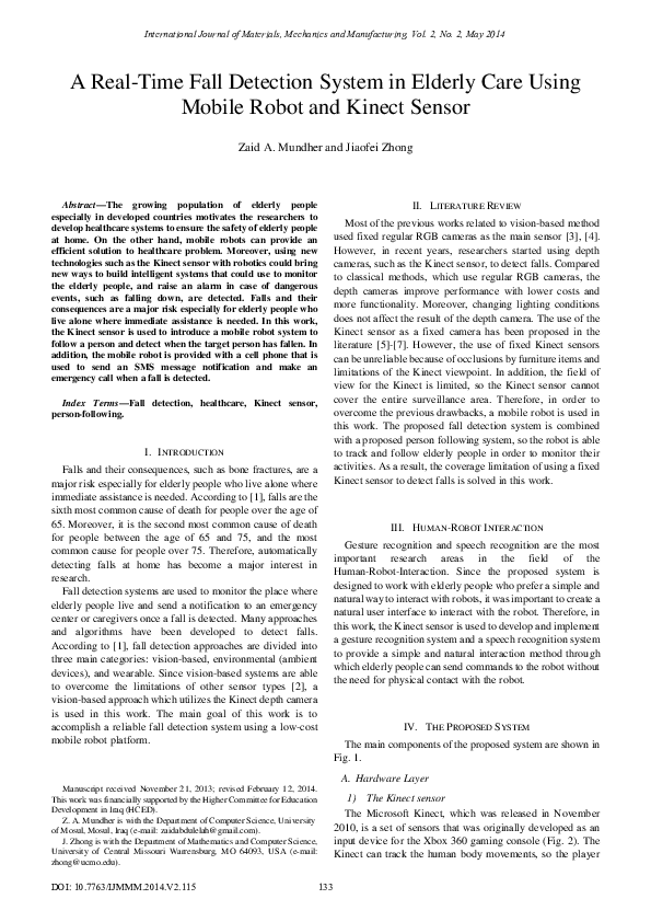 Pdf A Real Time Fall Detection System In Elderly Care Using Mobile Robot And Kinect Sensor