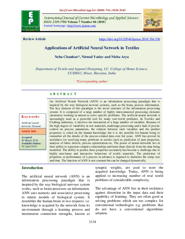 (PDF) Applications of Artificial Neural Network in Textiles