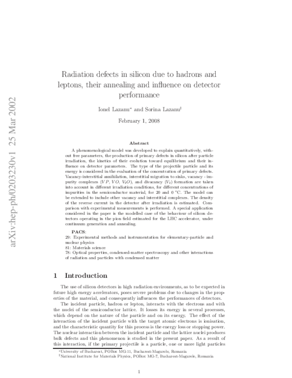 (PDF) Radiation Defects in Silicon due to Hadrons and Leptons, their ...