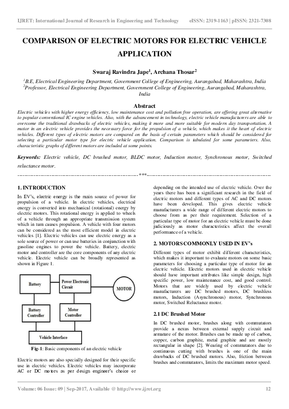 (PDF) Comparison of Electric Motors for Electric Vehicle Application